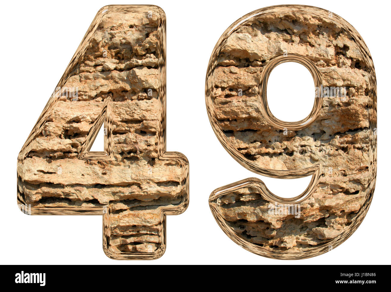 Numeral 49, forty nine, isolated on white, natural limestone, 3d ...