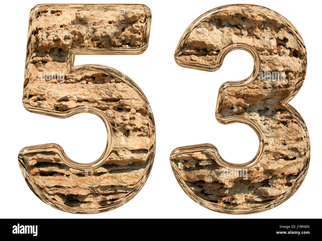 Numeral 53, fifty three, isolated on white, natural limestone, 3d ...