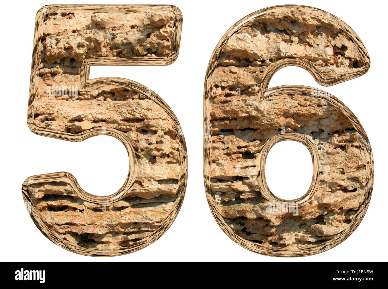 Numeral 56, fifty six, isolated on white, natural limestone, 3d ...