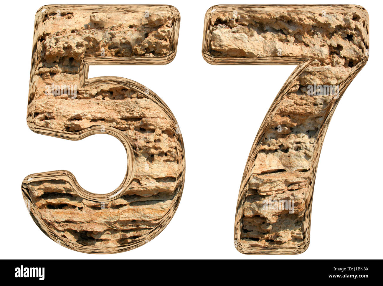 Numeral 57, fifty seven, isolated on white, natural limestone, 3d ...