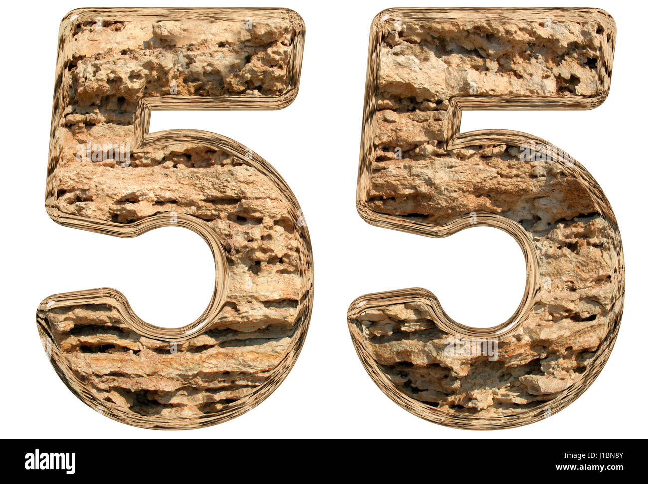 Numeral 55, fifty five, isolated on white, natural limestone, 3d ...