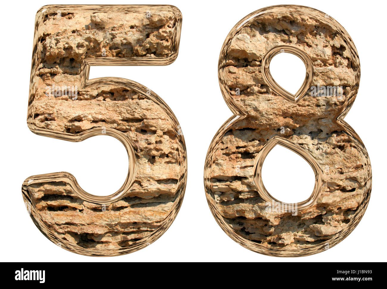 Numeral 58, fifty eight, isolated on white, natural limestone, 3d ...