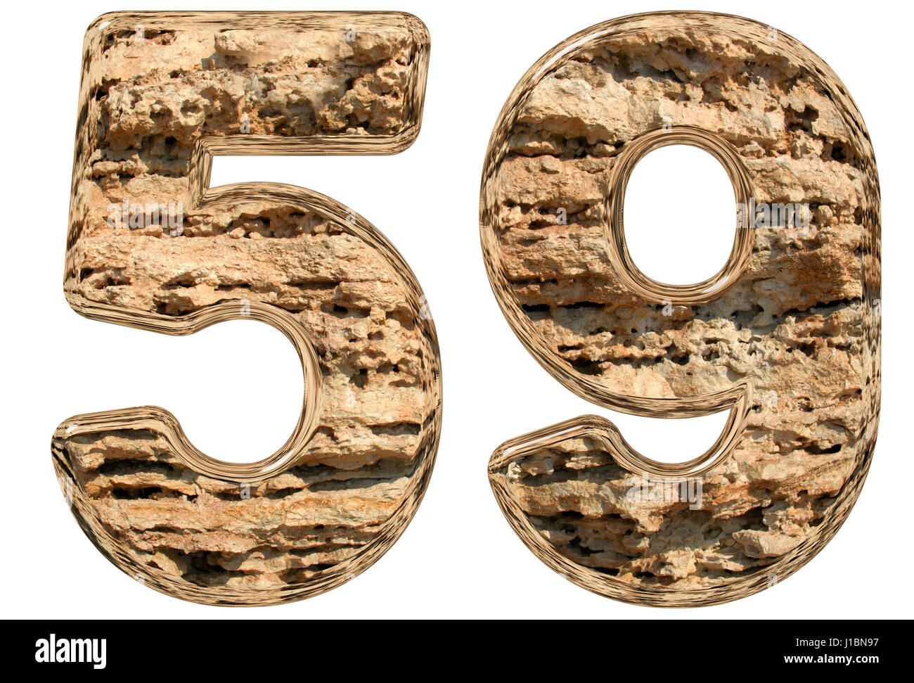 Numeral 59, fifty nine, isolated on white, natural limestone, 3d ...