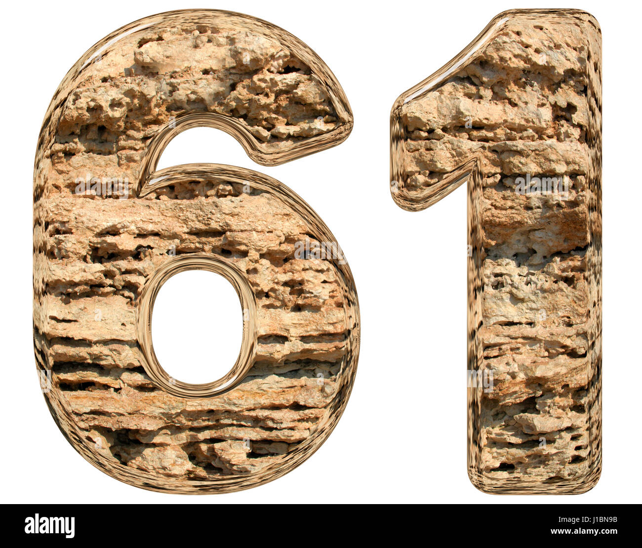 Numeral 61, sixty one, isolated on white, natural limestone, 3d ...
