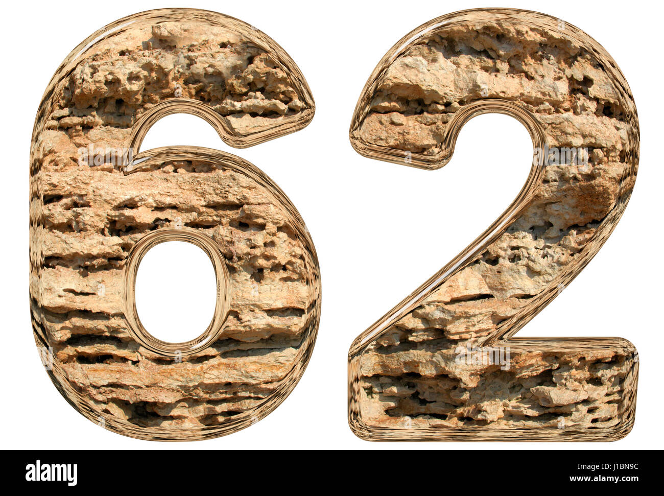 Numeral 62, sixty two, isolated on white, natural limestone, 3d ...
