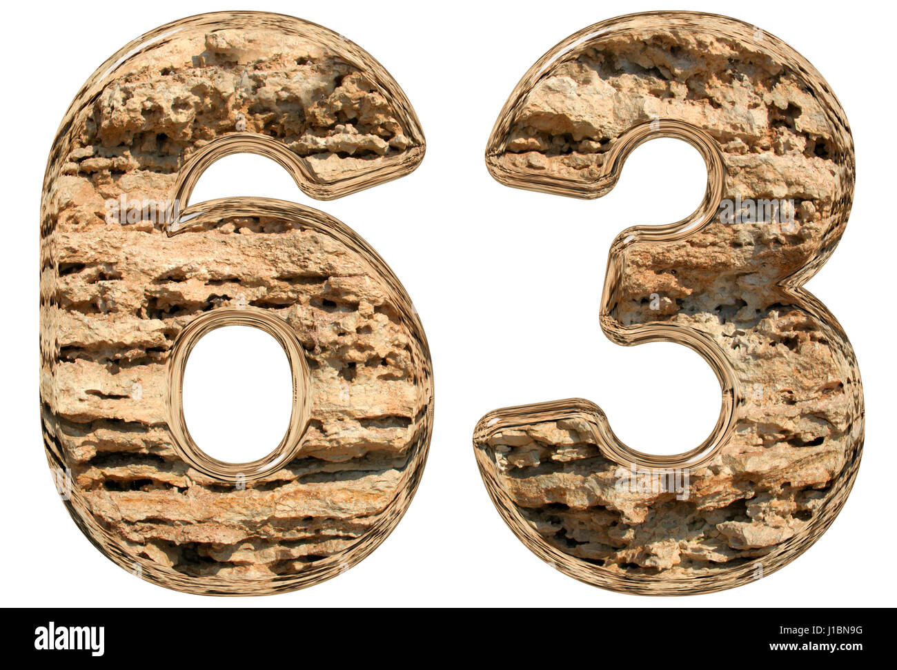 Numeral 63, sixty three, isolated on white, natural limestone, 3d ...