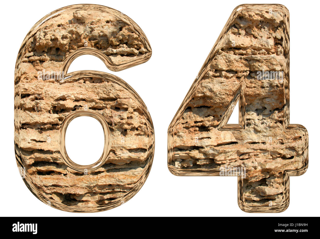 Numeral 64, sixty four, isolated on white, natural limestone, 3d ...