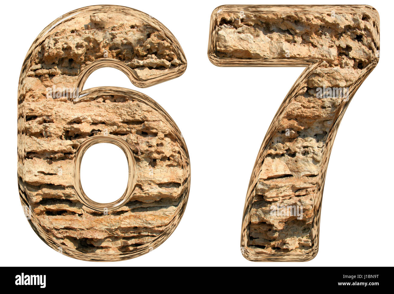 Numeral 67, sixty seven, isolated on white, natural limestone, 3d ...