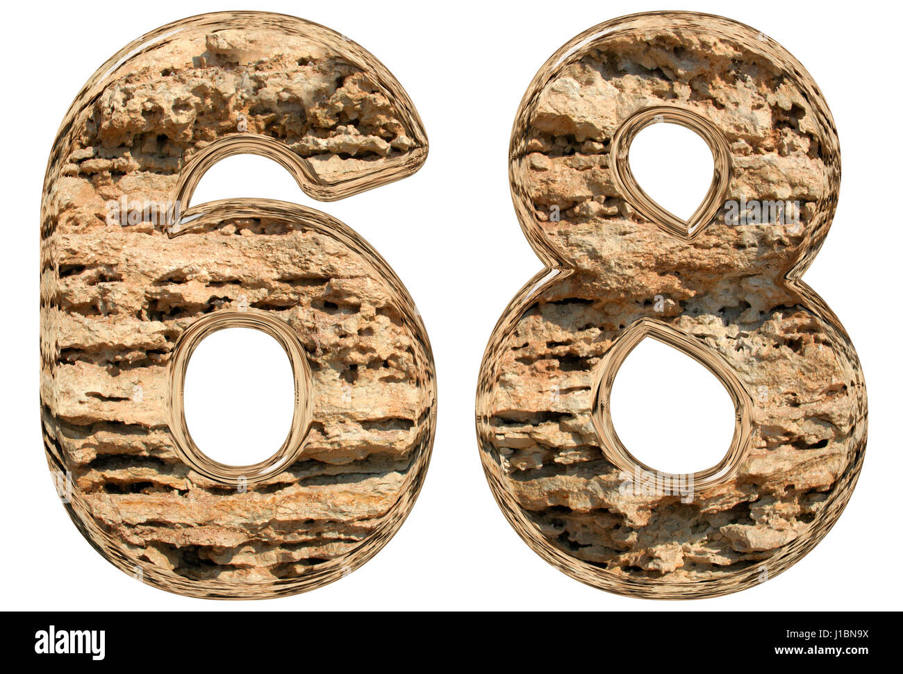 Numeral 68, sixty eight, isolated on white, natural limestone, 3d ...