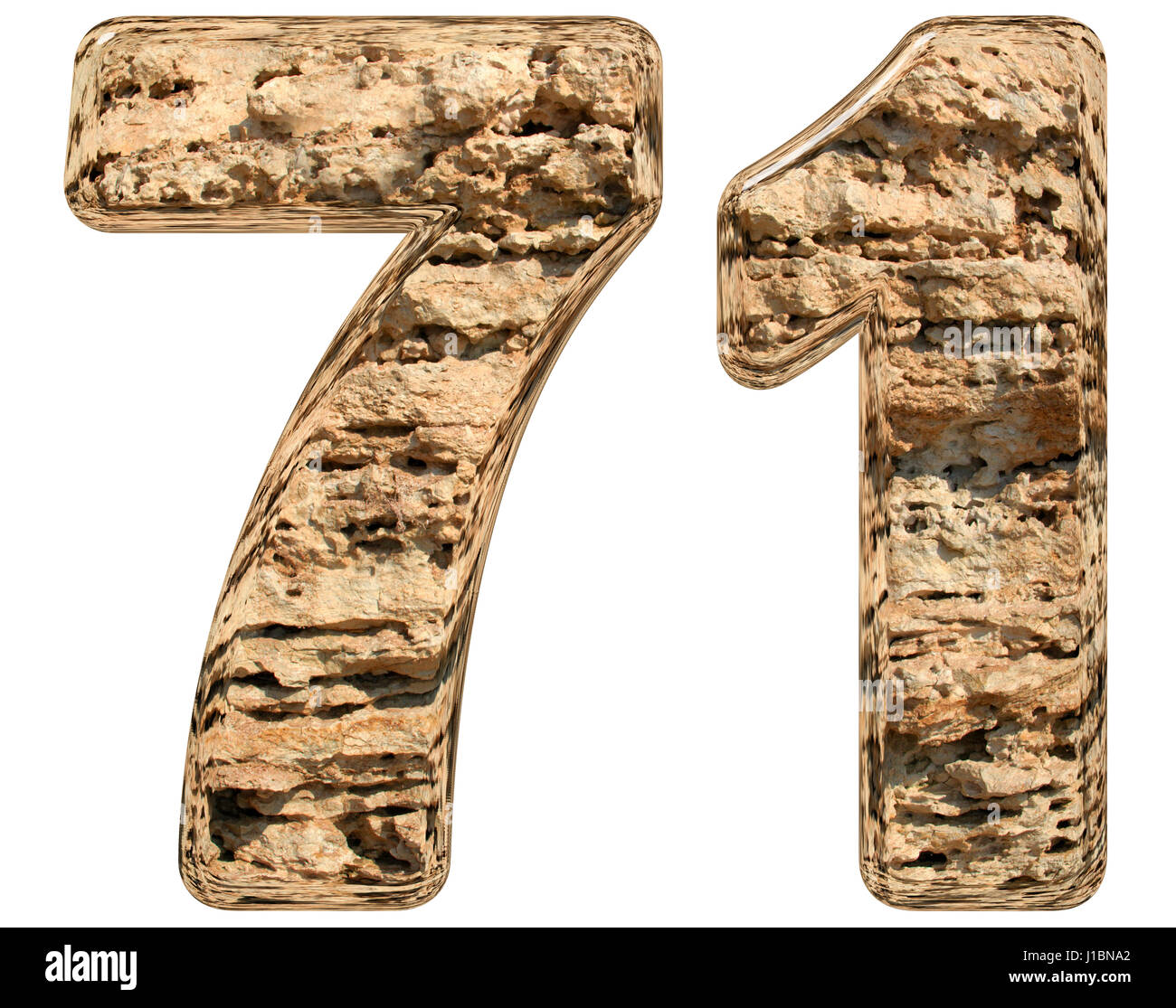 Numeral 71, seventy one, isolated on white, natural limestone, 3d ...