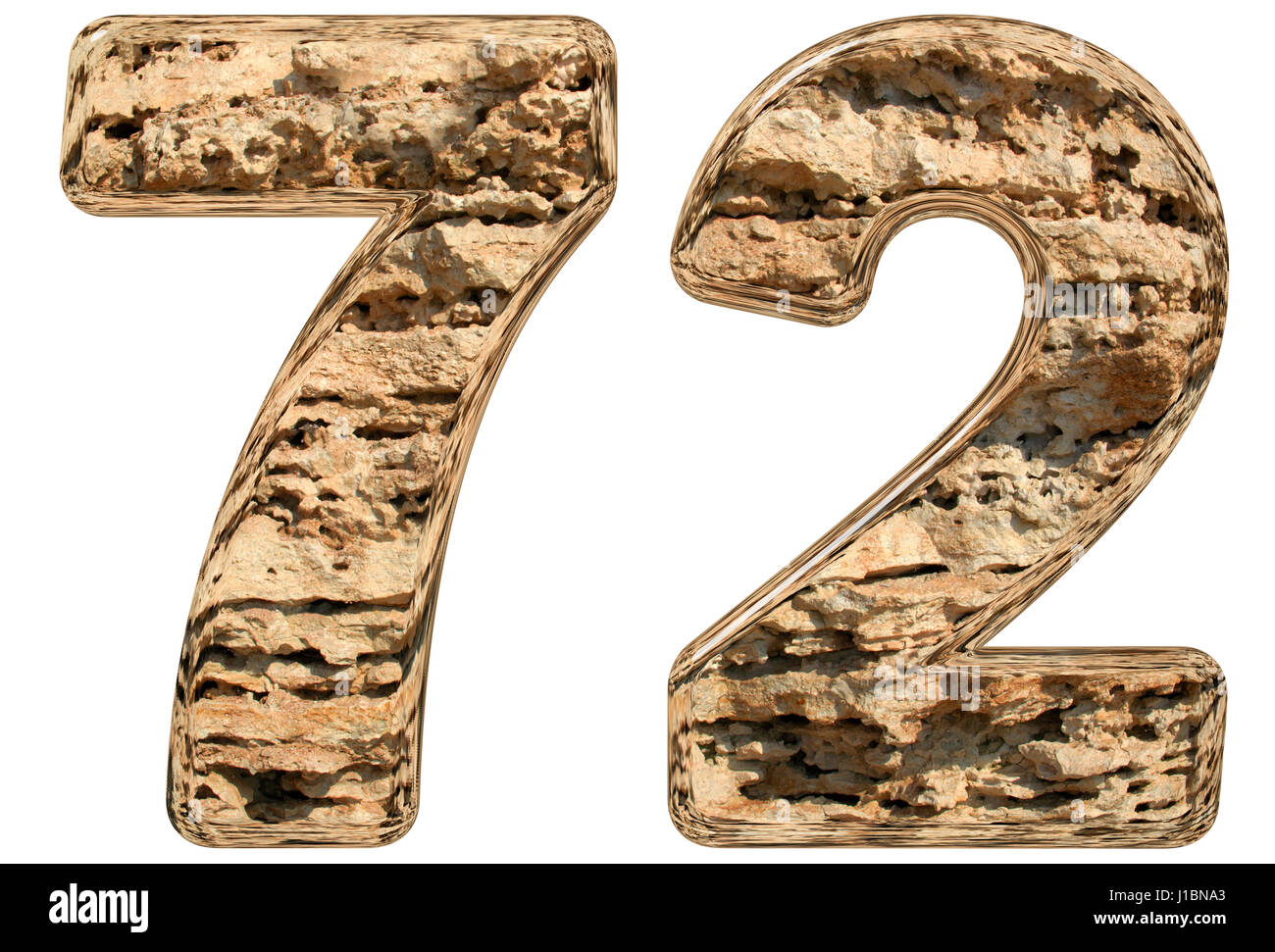 Numeral 72, seventy two, isolated on white, natural limestone, 3d ...