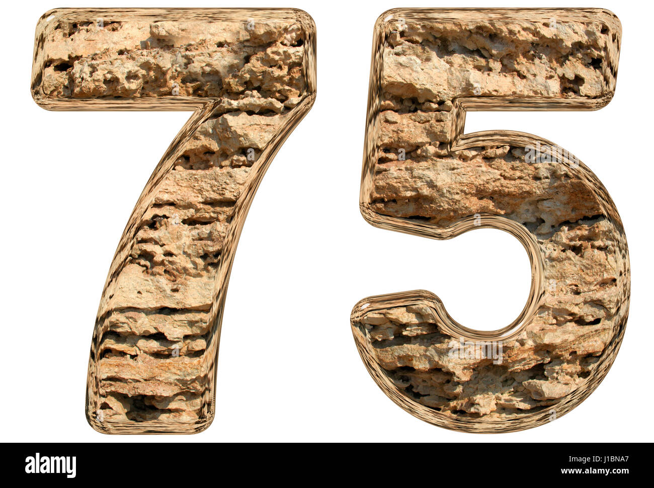Numeral 75, seventy five, isolated on white, natural limestone, 3d ...