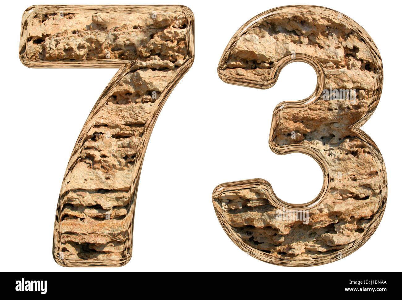 Numeral 73, seventy three, isolated on white, natural limestone, 3d ...