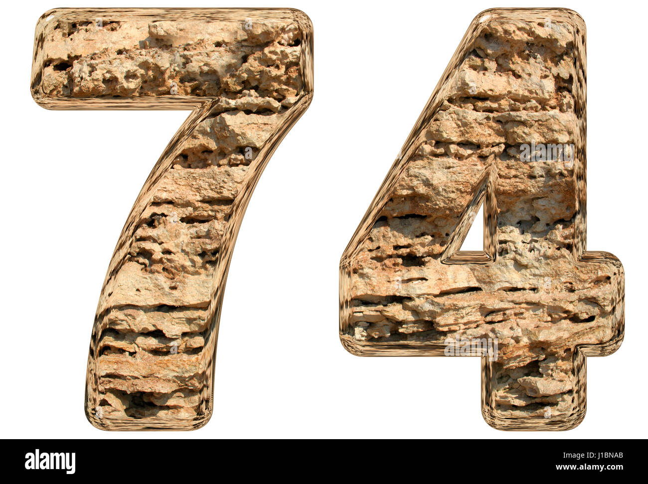Numeral 74, seventy four, isolated on white, natural limestone, 3d ...