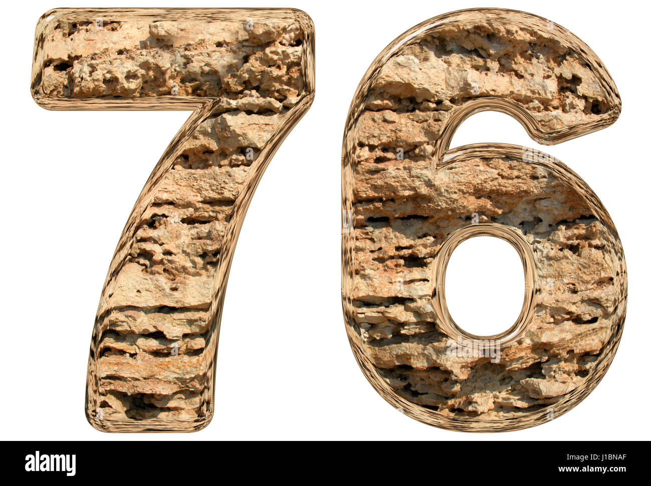 Numeral 76, seventy six, isolated on white, natural limestone, 3d ...