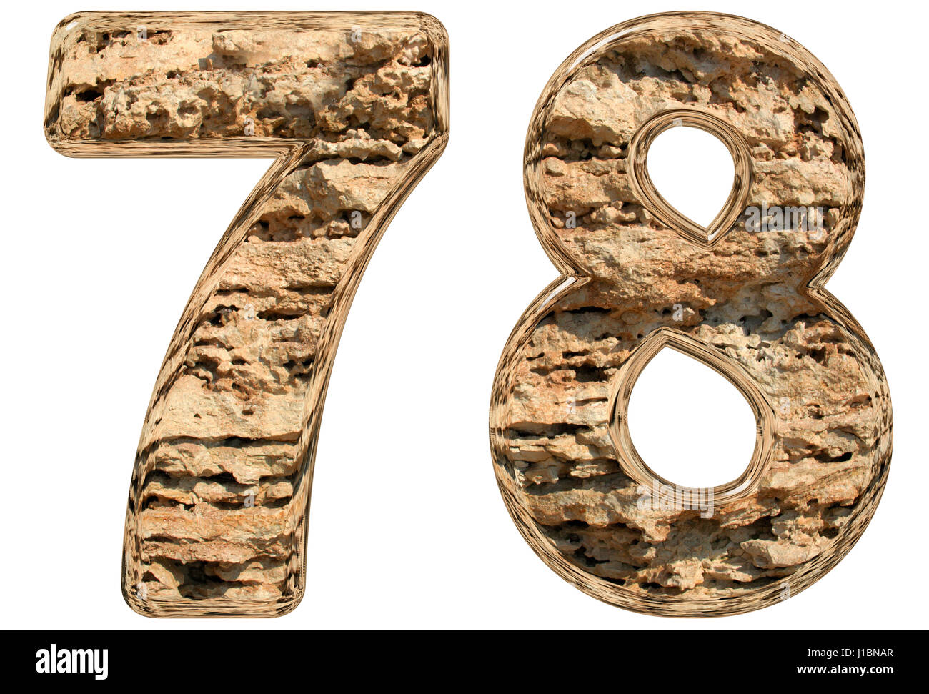 Numeral 78, seventy eight, isolated on white, natural limestone, 3d ...