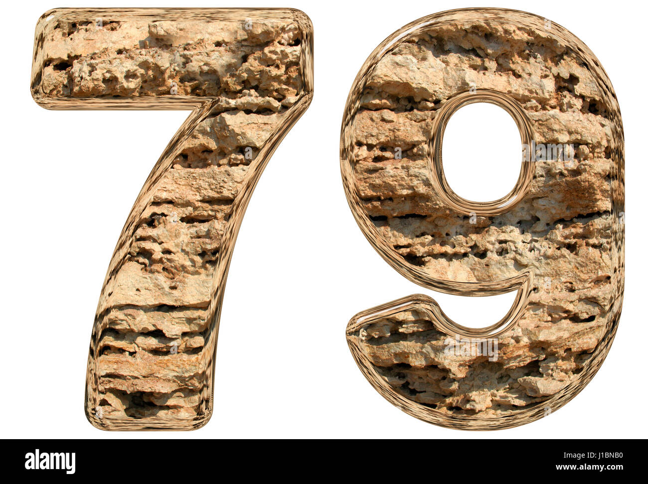 Numeral 79, seventy nine, isolated on white, natural limestone, 3d ...