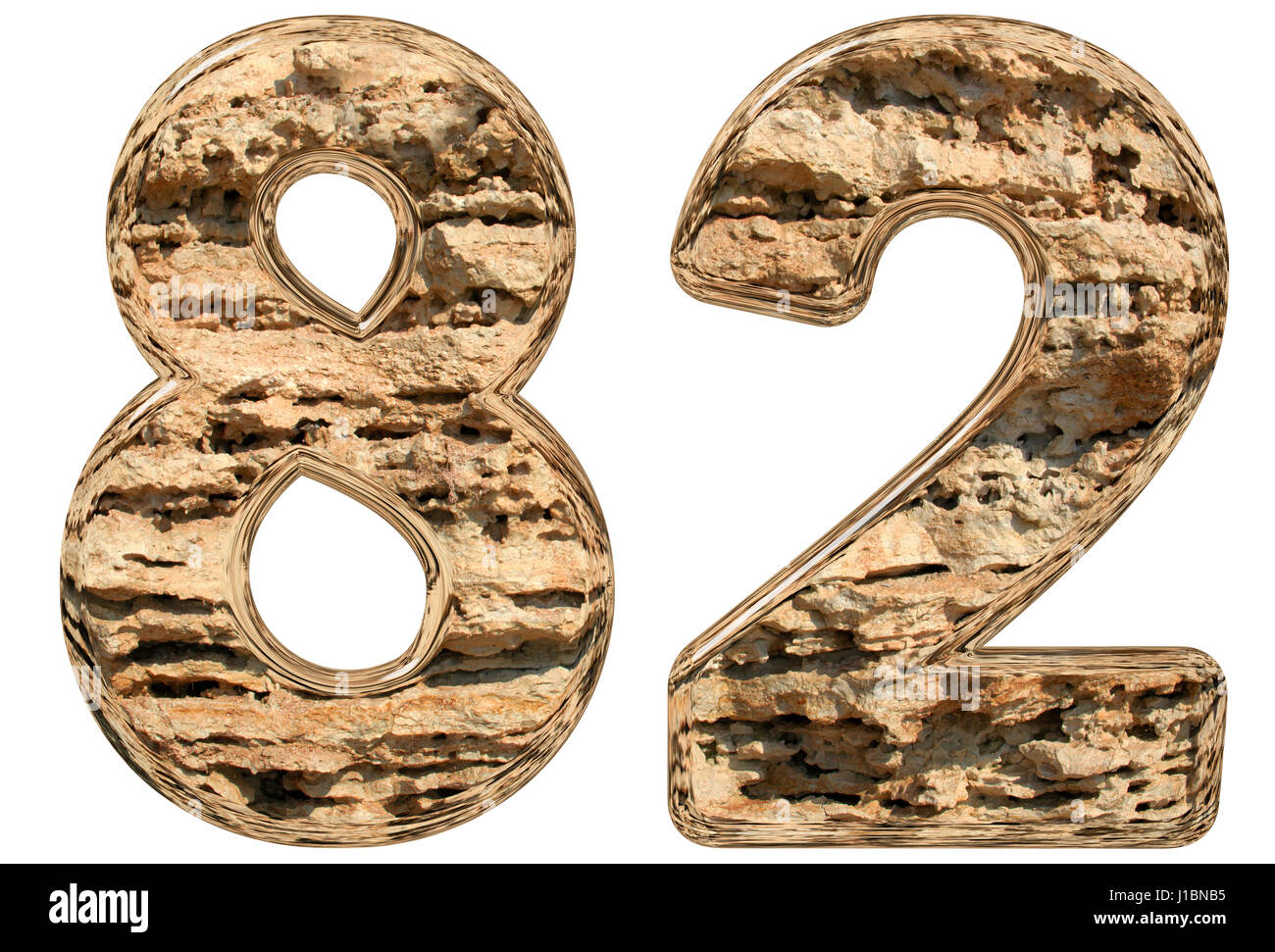 Numeral 82, eighty two, isolated on white, natural limestone, 3d ...