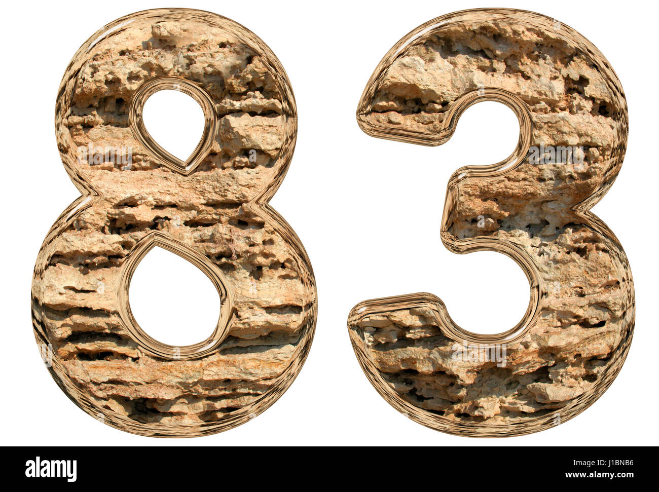 Numeral 83, eighty three, isolated on white, natural limestone, 3d ...