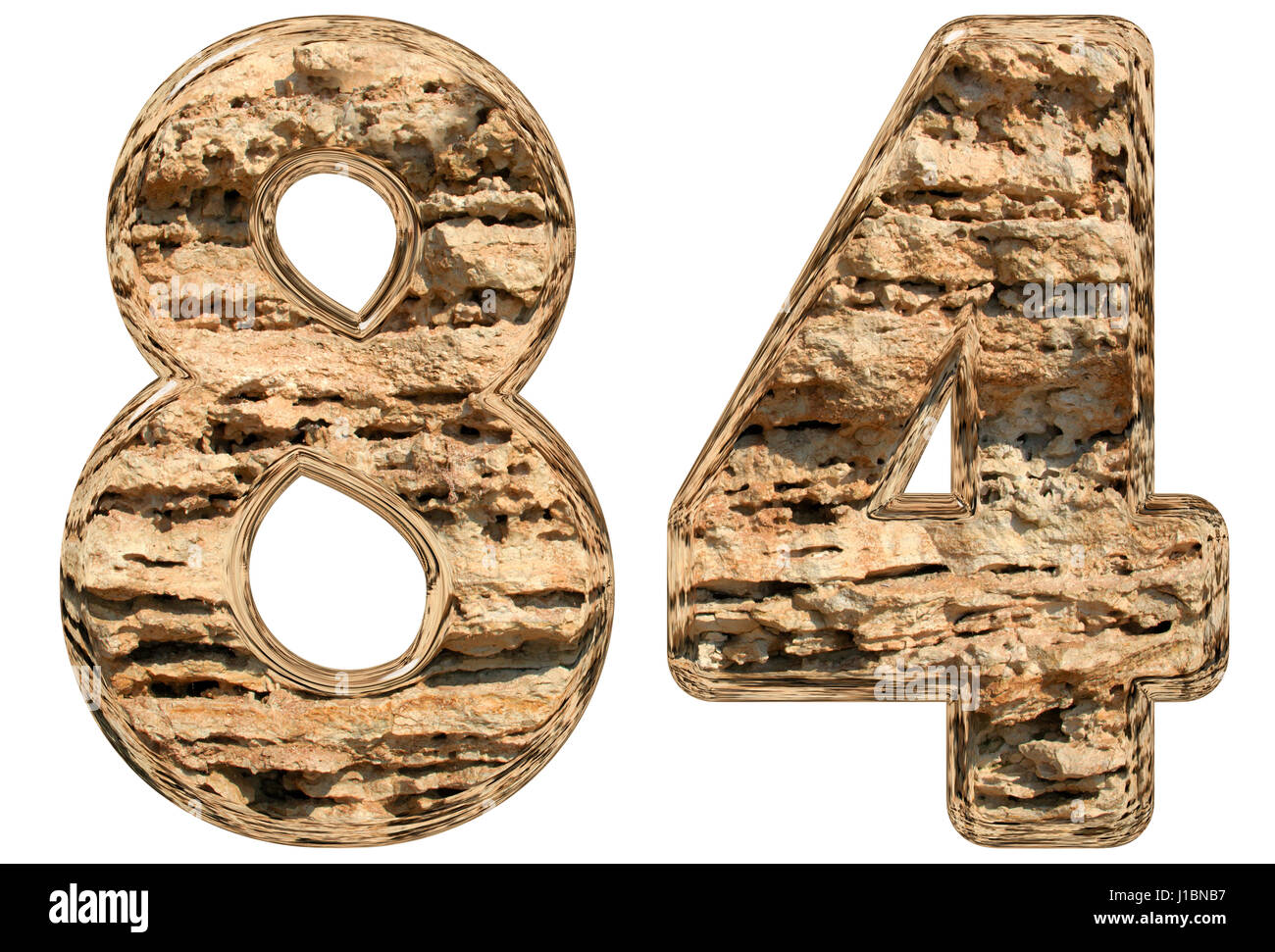 Numeral 84, eighty four, isolated on white, natural limestone, 3d ...