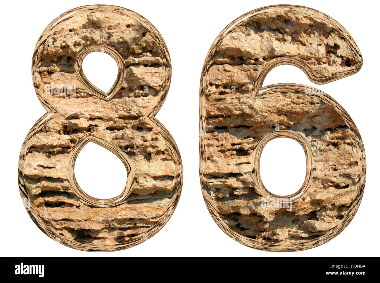 Numeral 86, eighty six, isolated on white, natural limestone, 3d ...