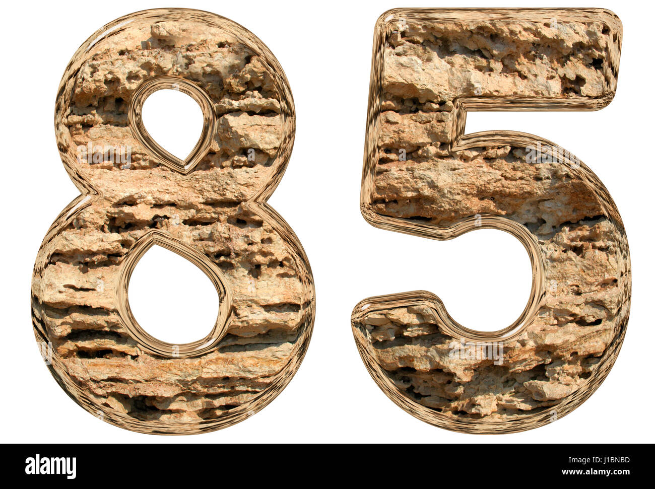 Numeral 85, eighty five, isolated on white, natural limestone, 3d ...