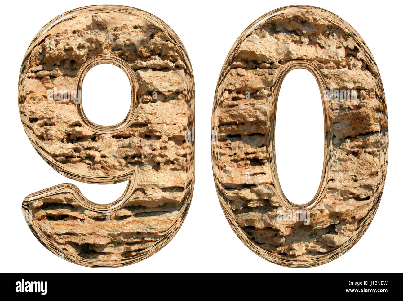 Numeral 90, ninety, isolated on white, natural limestone, 3d ...