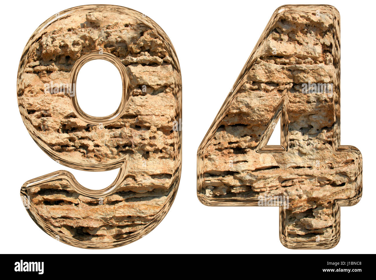 Numeral 94, ninety four, isolated on white, natural limestone, 3d ...