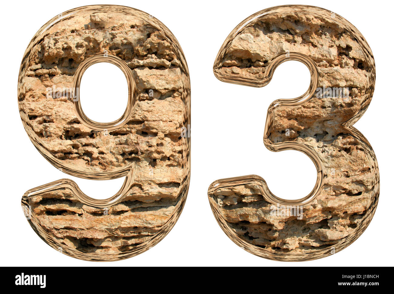 Numeral 93, ninety three, isolated on white, natural limestone, 3d ...