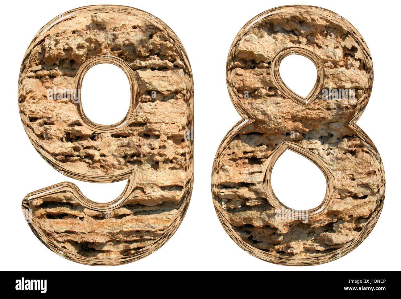 Numeral 98, ninety eight, isolated on white, natural limestone, 3d ...
