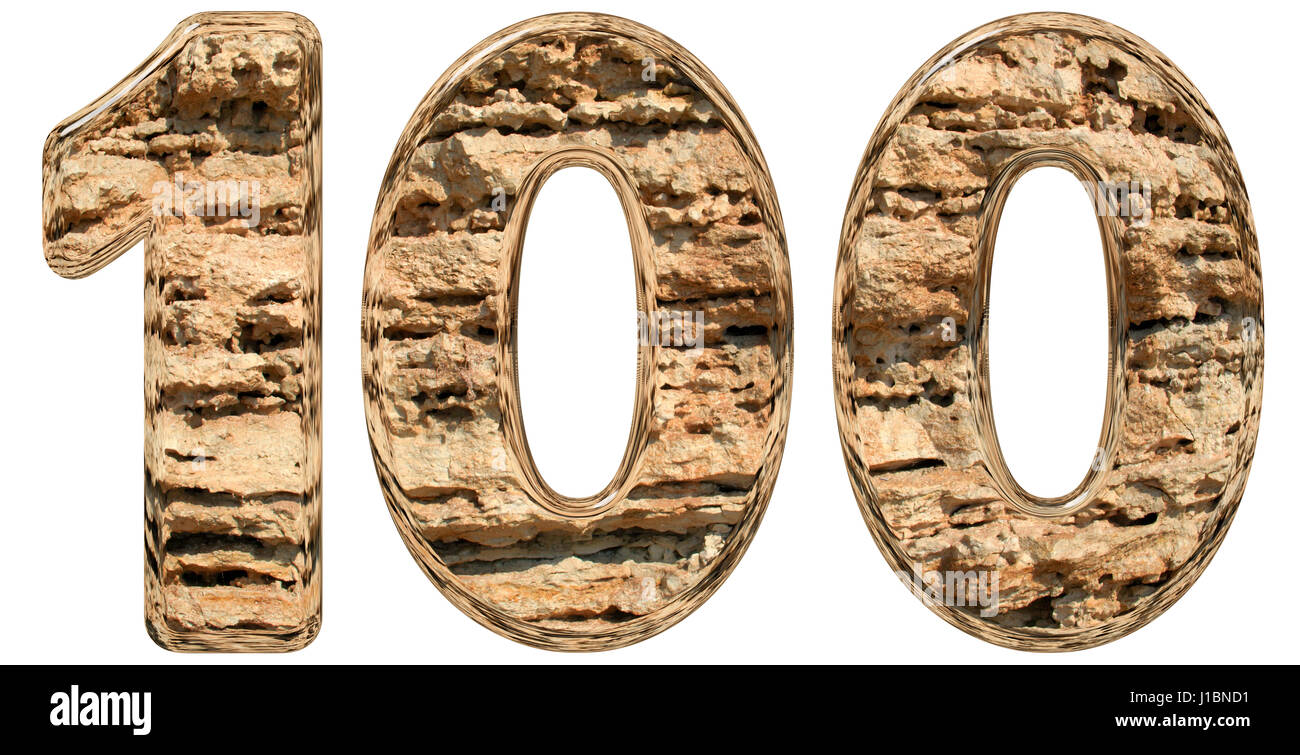 Numeral 100, one hundred, isolated on white, natural limestone, 3d ...