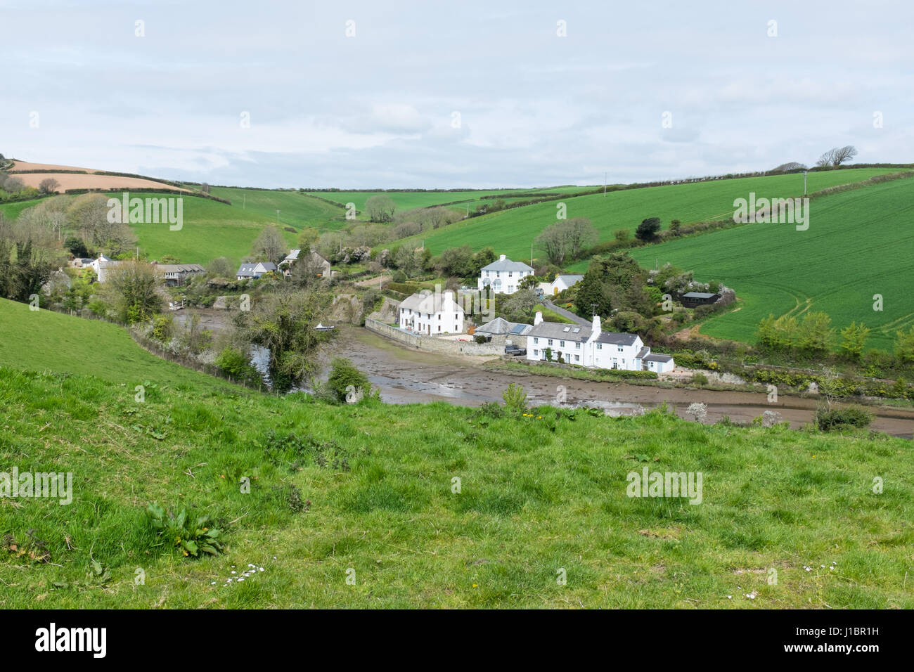 The pretty village of South Pool in the South Hams, Devon viewed from a ...