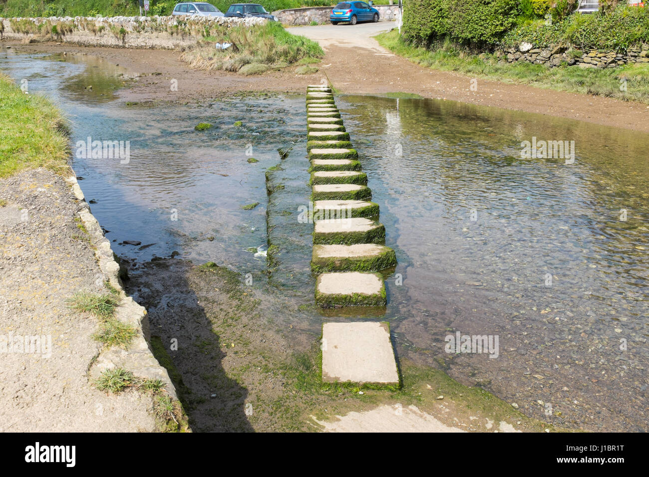 Stepping stones over a stream in the pretty village of South Pool in ...