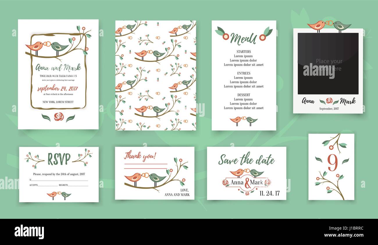 Template wedding card with cute birds on a tree branch. Greeting card ...
