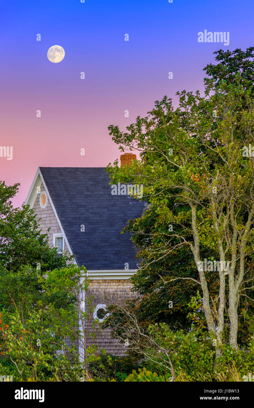 Moon rise over farm house in Prince Edward Island, Canada Stock Photo ...