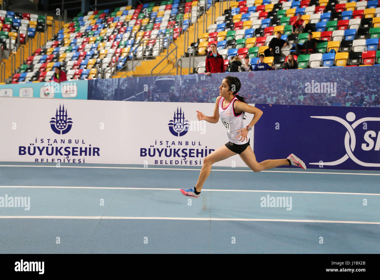 ISTANBUL, TURKEY - FEBRUARY 04, 2017: Athlete Yonca Kutluk running ...