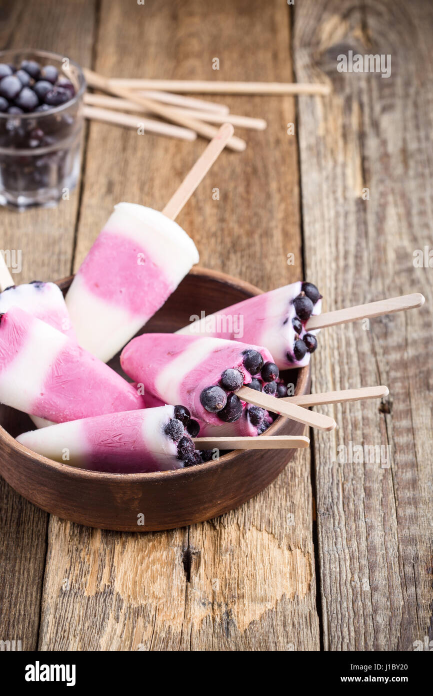 Homemade berry yogurt ice pops decorated with frozen blackcurrant in ...