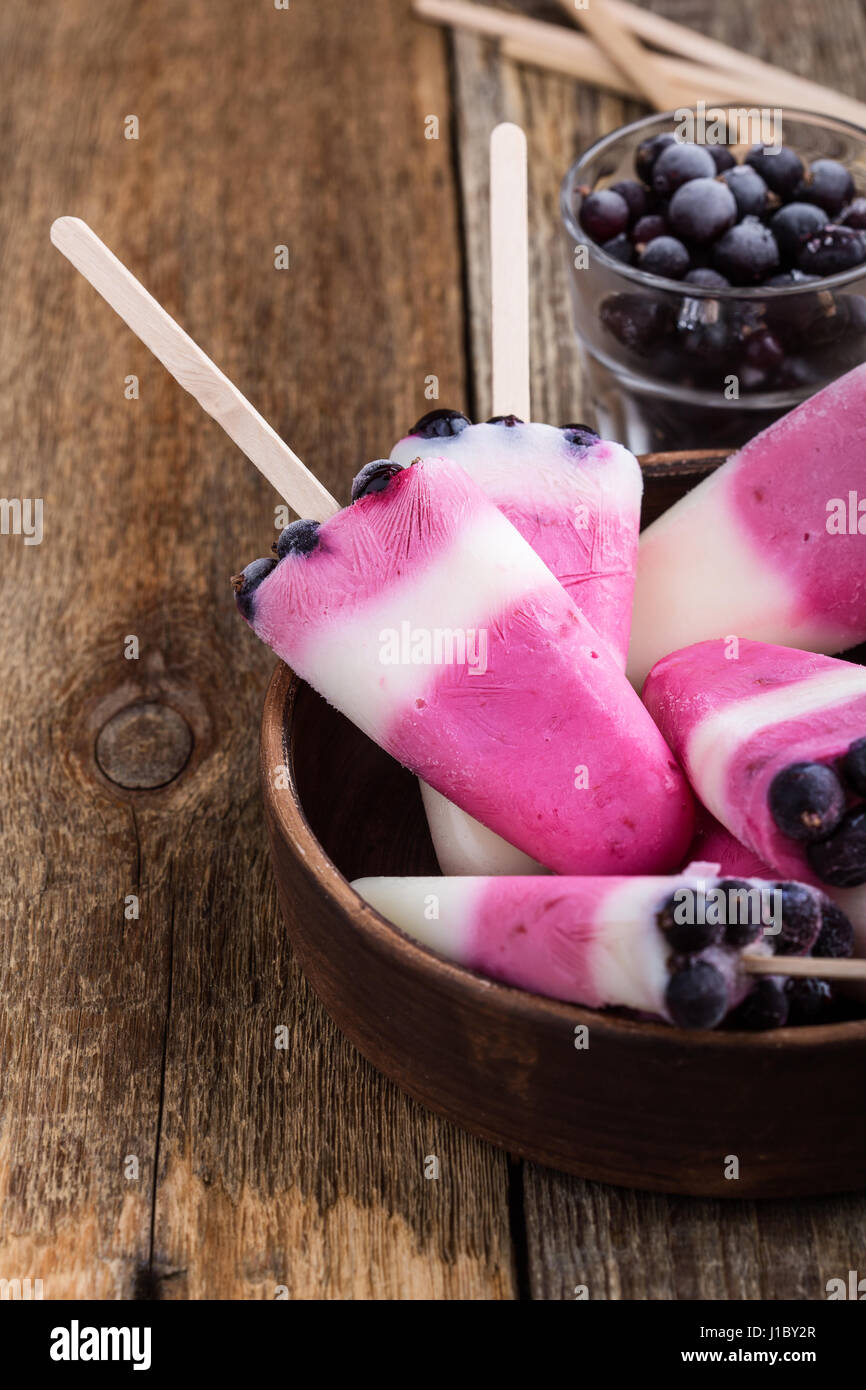 Homemade berry yogurt ice pops decorated with frozen blackcurrant in ...