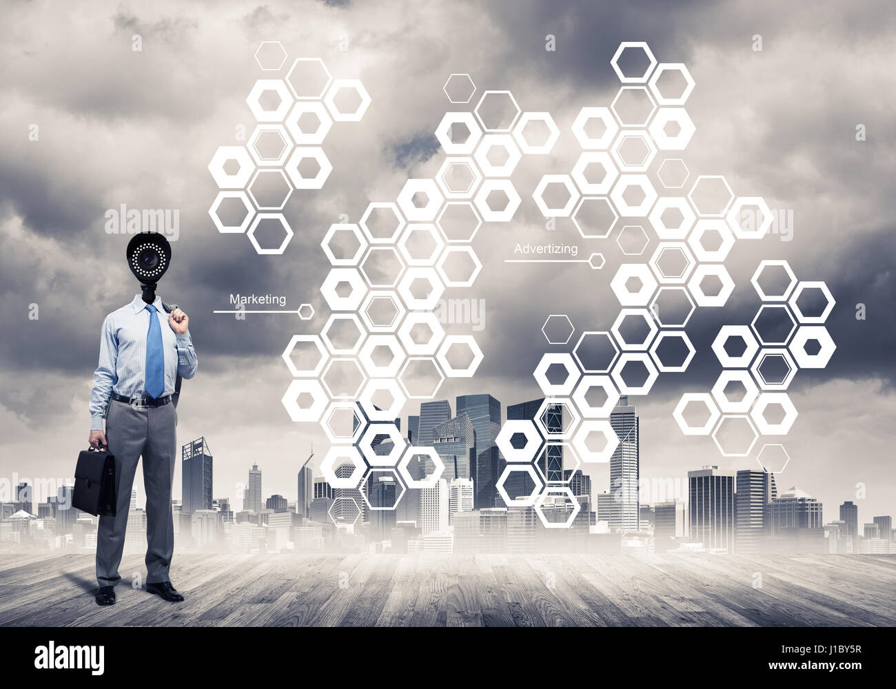 Camera headed man standing on wooden floor against modern citysc Stock ...