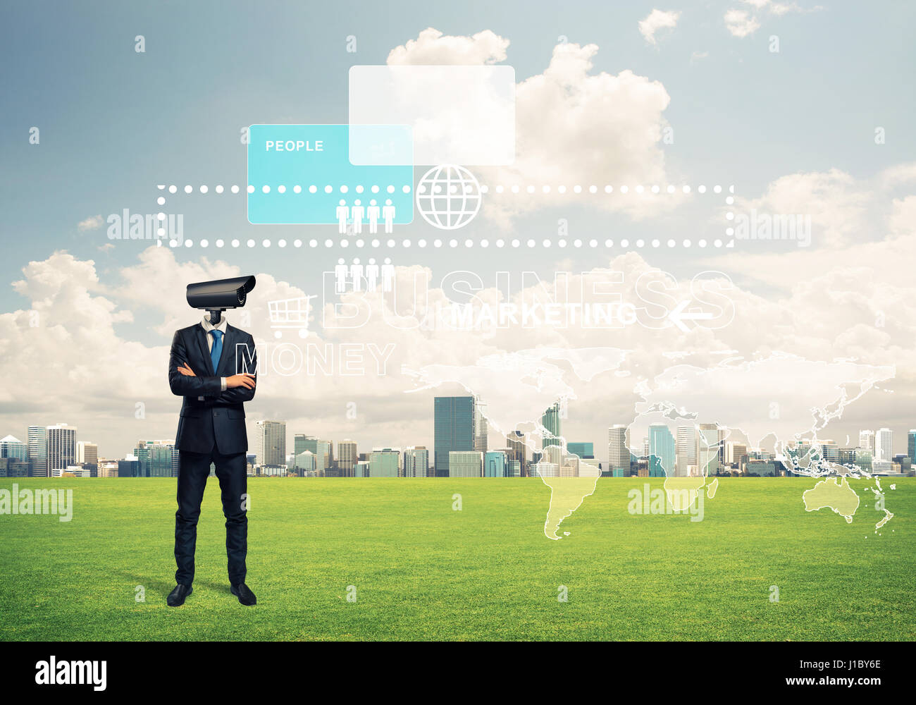 Camera headed man standing on green grass against modern citysca Stock ...