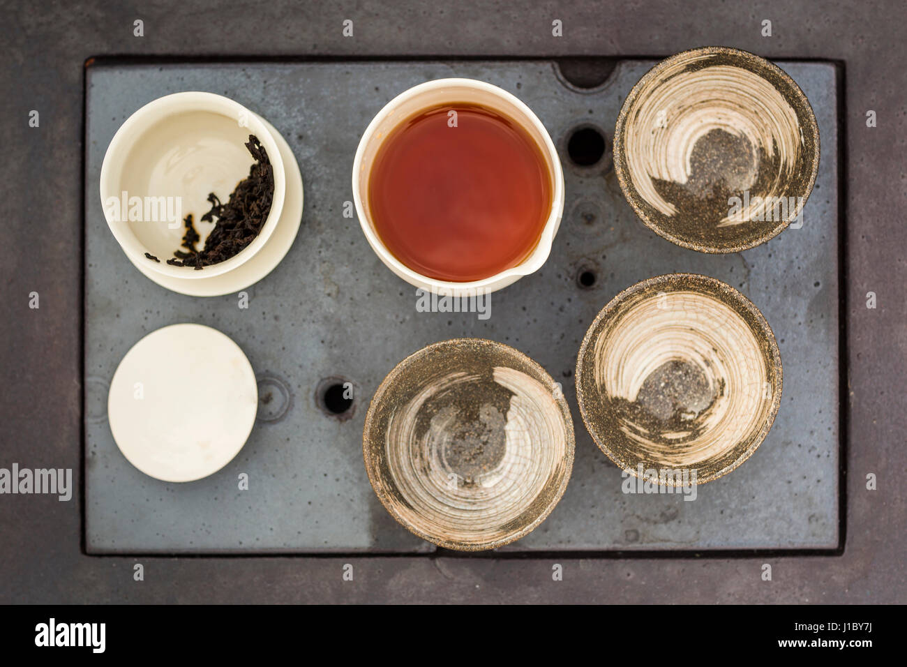 Top down view from above of a tray with tea cups on it Stock Photo - Alamy