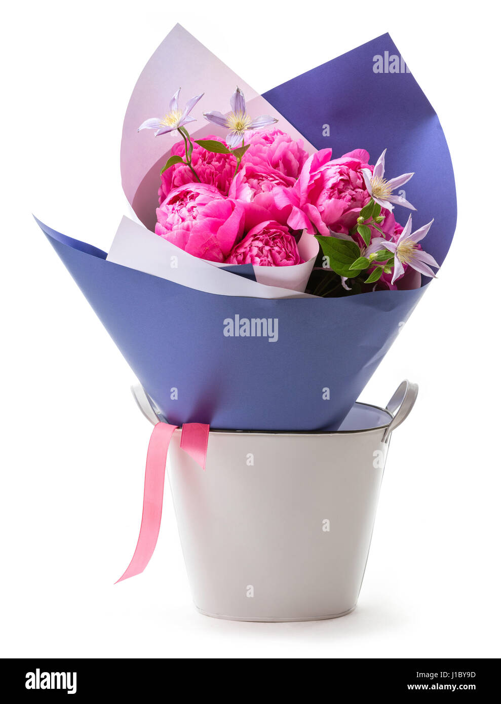 Bouquet of pink peonies wrapped in paper over white background Stock ...