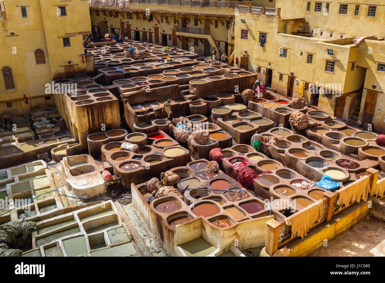 Traditional processing leather tannery in Fes, Morocco Stock Photo - Alamy