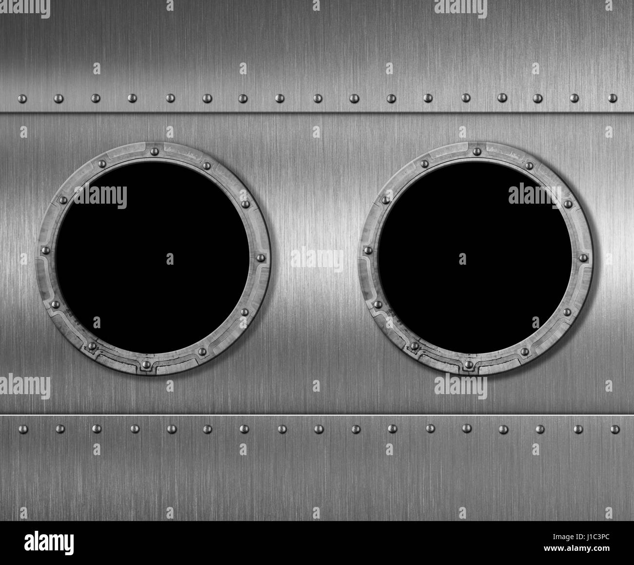 two metal submarine or spaceship porthole windows 3d illustration Stock ...