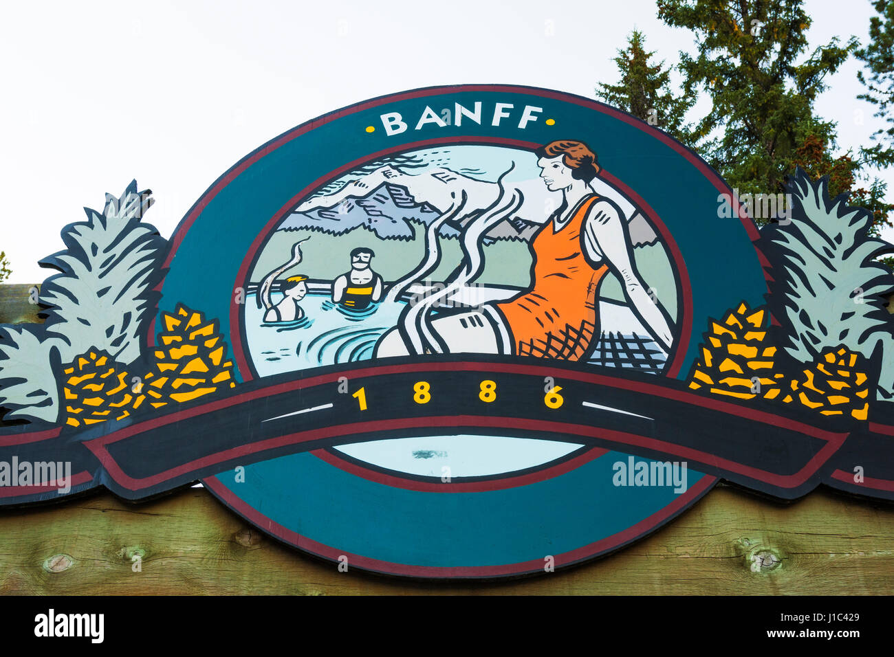 Upper Hot Springs sign at Sulphur Mountain, Banff National Park ...