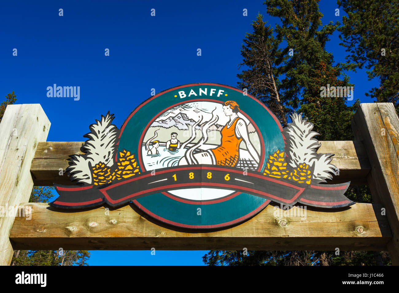 Entrance sign at Banff Upper Hot Springs on Sulphur Mountain, Banff ...