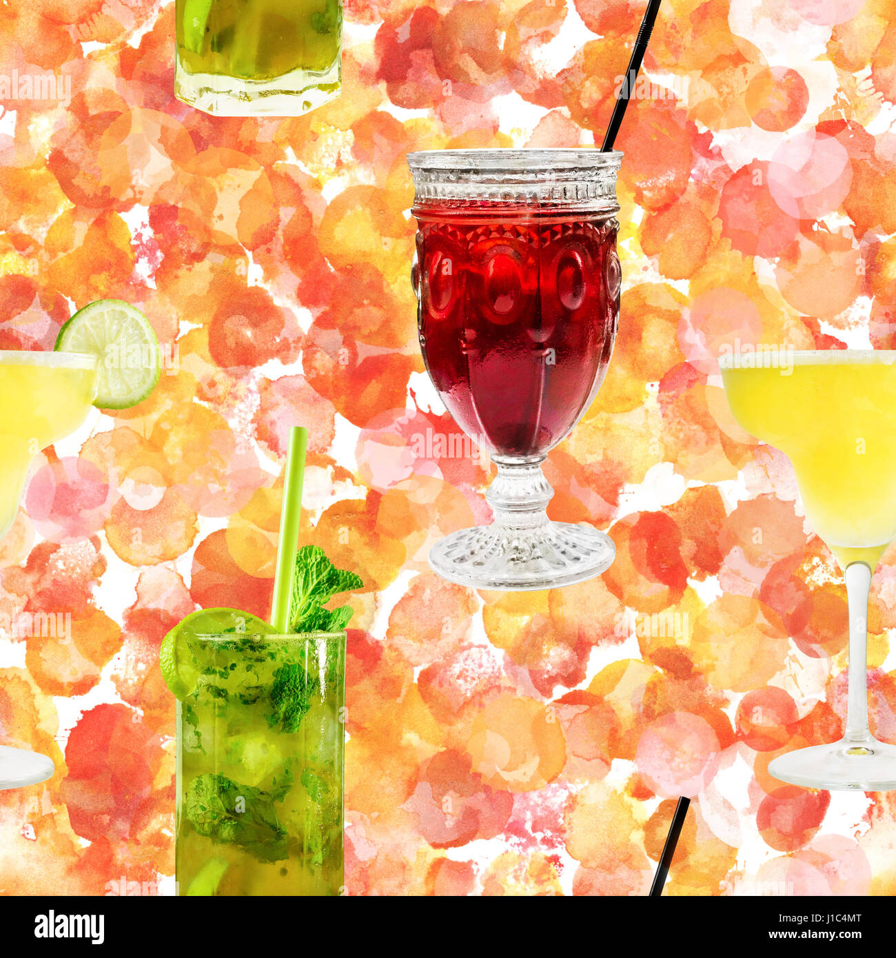 Seamless pattern of cocktail photos on abstract watercolor textu Stock ...