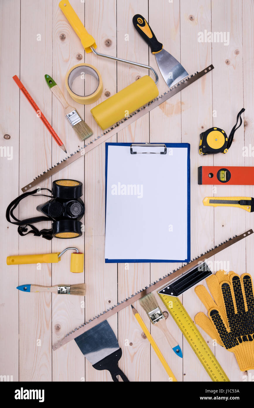 Top view of set of construction tools and blank clipboard Stock Photo ...