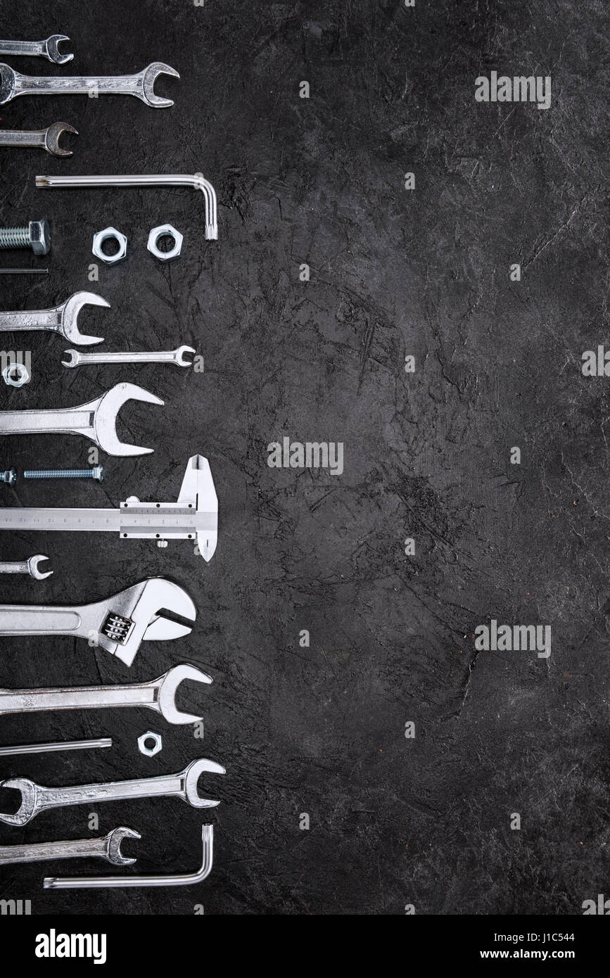 top view of set of various work tools on grey Stock Photo - Alamy