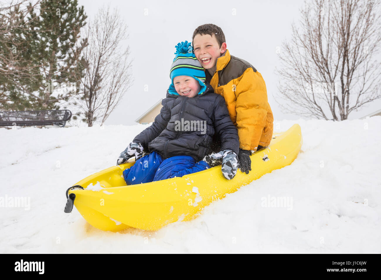 Smiling boys sliding on toboggan on hill in winter Stock Photo - Alamy